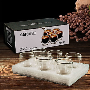 WOAIERNV 2.7 Ounce Espresso Cups,Set of 6,Double Walled Insulated Espresso Glasses,Handmade Borosilicate Glassware Coffee Cup,Perfect for Cold or Hot Drinks