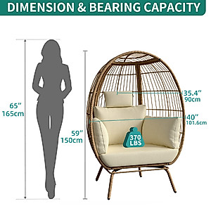 YITAHOME Egg Chair Wicker Outdoor Indoor, Oversized Lounger with 370lbs Capacity Large Egg Chairs with Stand Cushion Egg Basket Chair for Patio, Balcony, Bedroom - Beige