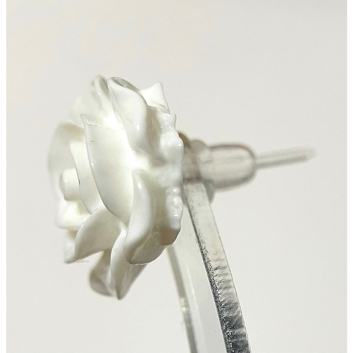 Hypoallergenic Rose 3d Stud Glossy Flower Earrings on Plastic Posts, 14mm (White)