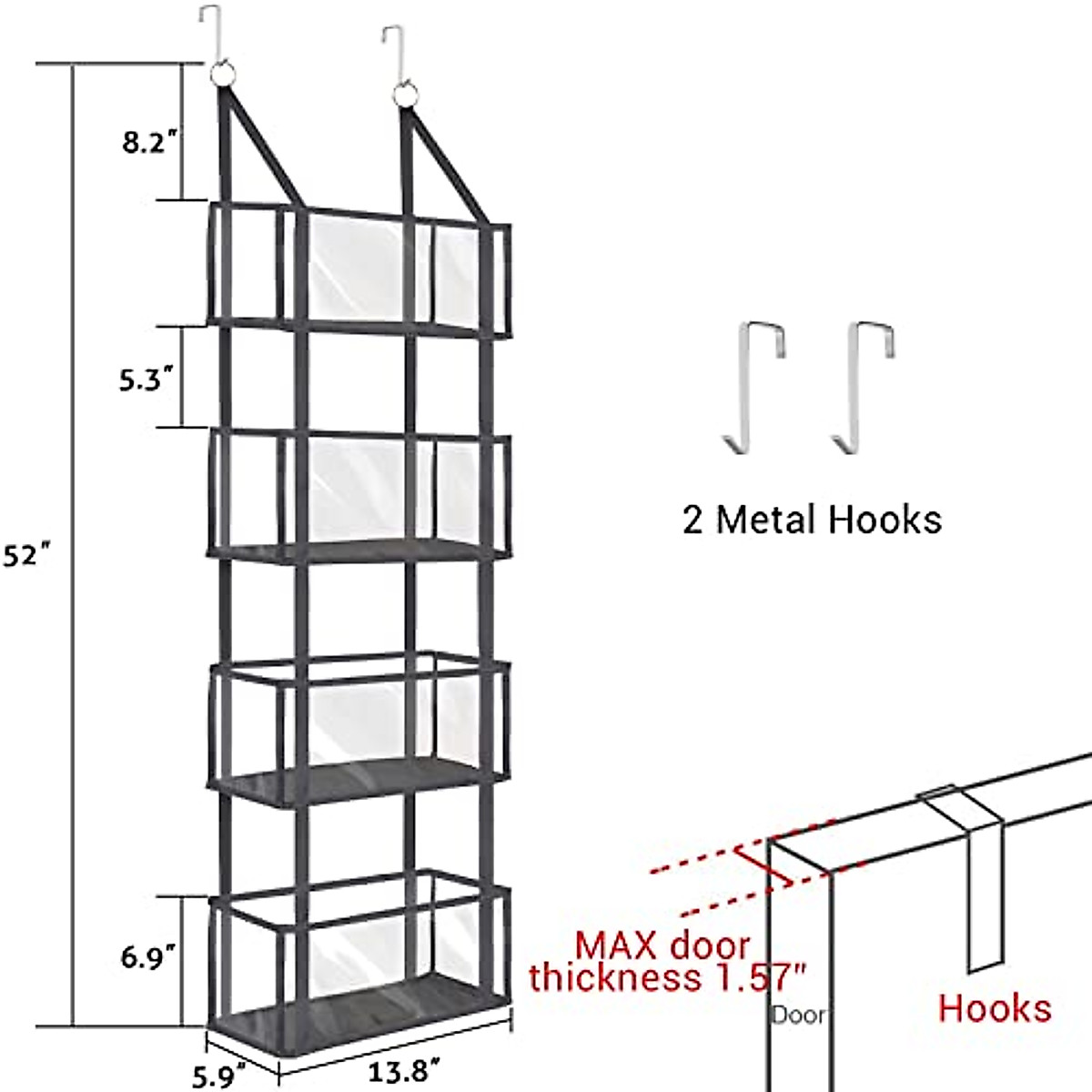 VERONLY Over The Door Hanging Pantry Organizer - Wall Mount Storage with 4 Large Clear Plastic Pockets & 2 Metal Hooks for Baby Kids Toys,Playroom,Nursery,Diapers,Bathroom,Kitchen,Dorm (Grey)