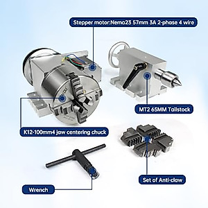 CNCTOPBAOS K12-100mm CNC Router Milling Machine Rotational Axis 4th Axis A axis Rotary Table A axis 100mm 4 jaw chuck dividing head,MT2 65mm Tailstock Reducing ratio 6:1 for CNC Engraving Machine