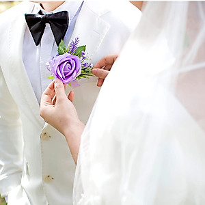 Floinla Purple Corsage and Boutonniere Set for Wedding Prom, Artificial Flower Wrist Corsage Bracelets, Homecoming Corsage Wristlet, Boutonniere for Men Wedding Suit Decorations