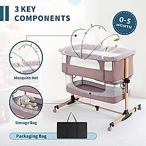 Ihoming Baby Bassinet Bedside Sleeper, 3 in 1 Convertible Design, lnfant Bed & Bed Side Sleeper & Cradle Bassinets, Newborn Bedside Crib Attaches to Bed, Khaki