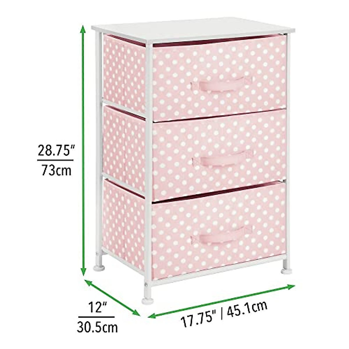 mDesign Storage Dresser End/Side Table Night Stand Tower Unit with 3 Removable Fabric Drawers - Organizer for Baby, Kid, and Teen Bedroom, Nursery, Playroom, or Dorm, Pink/White Polka Dot