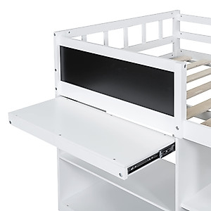 Harper & Bright Designs Twin Size Low Loft Bed with Storage Shelves and Drawers, Wooden Twin Size Loft Bed with Rolling Desk and Chalkboard, for Kids Teens Girls Boys - White