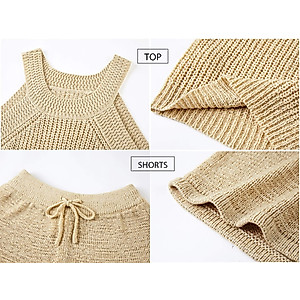 Saodimallsu Womens Two Piece Outfits Summer Halter High Neck Tank Top Ribbed Knit Sleeveless Shirts High Waist Shorts Apricot