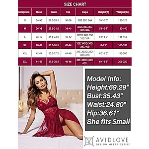 Avidlove Lingerie for Women Lace Baby Doll Chemise Nightgown V Neck Sleepwear Boudoir Nighty Side Slit Nightdress Wine Red