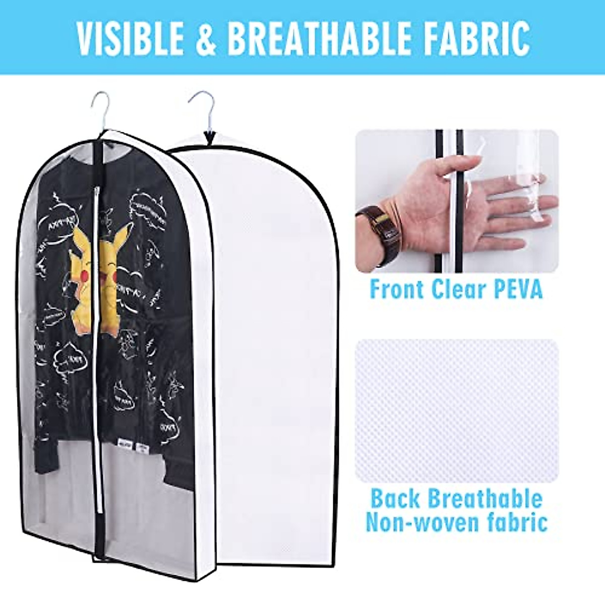 WinFong 50" Garment Bags for Hanging Clothes, Clear Moth Proof Suits Covers with 4" Gussets for Closet Storage and Travel Hanging Clothes Bag for Coat, Sweater, Jacket, Dress, Shirts, 3 Pack