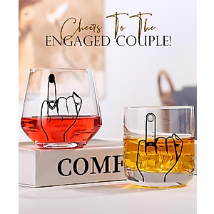 comfit Wedding Gifts for Couples, Ring Finger Wine&Whiskey Glass Set, Funny Engagement Gifts for Couple, Bride and Groom Just Married Gift, Mr and Mrs Newlyweds Bridal Shower Gifts