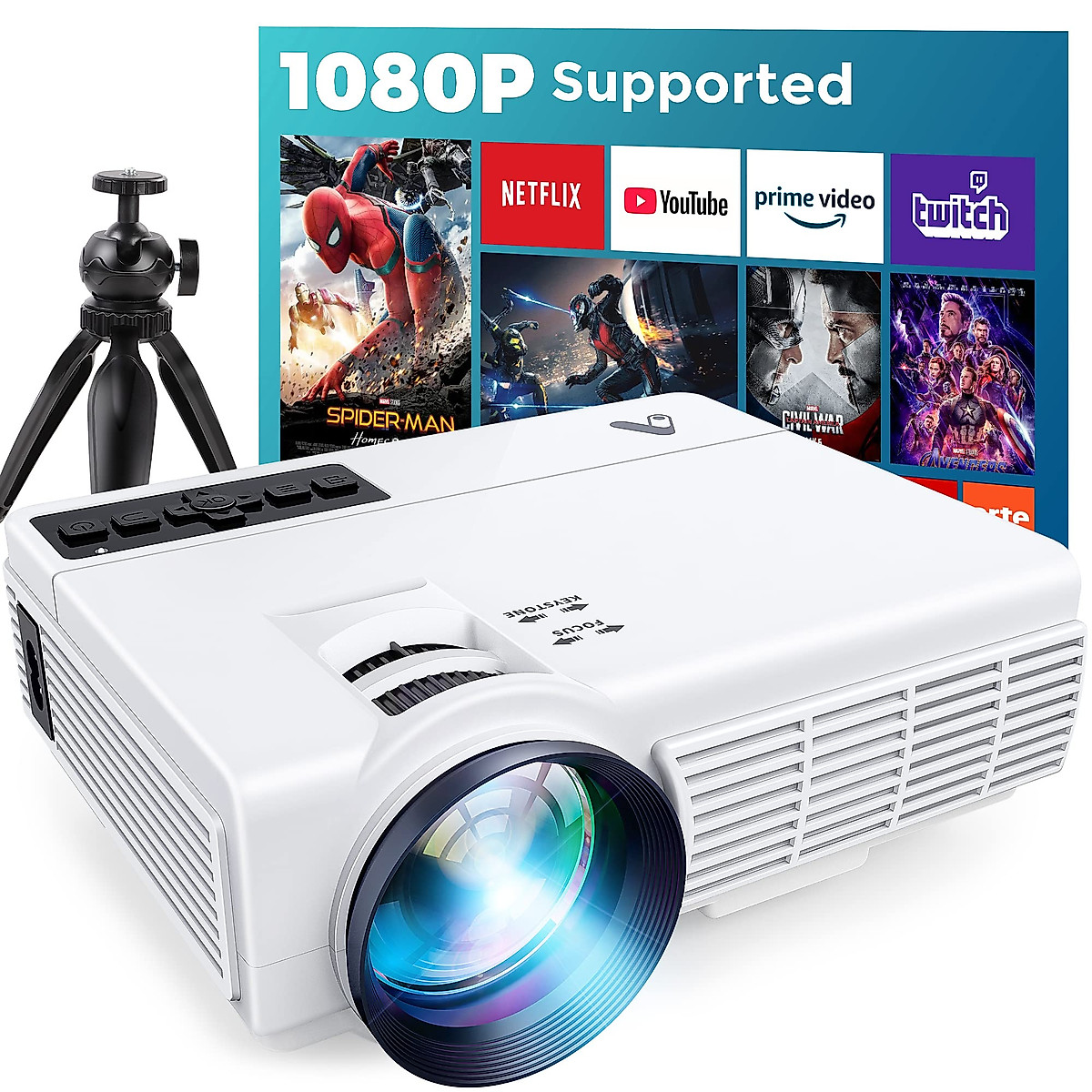 Portable Mini Projector 1080P Supported, Movie Projector w/ Tripod & 55,000 Hrs Lamp Life, Acrojoy Multimedia Home Theater Projector, Compatible with TV Stick, HDMI, VGA, USB, Laptop, Smartphone