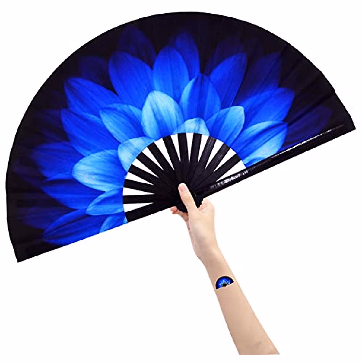 Amajiji Large Folding Fan, Rave Festival Accessories for Men/Women, Chinease/Japanese Bamboo Hand Fan, Performance Decoration Gift Dance Handheld Fan (Blue Flowers)