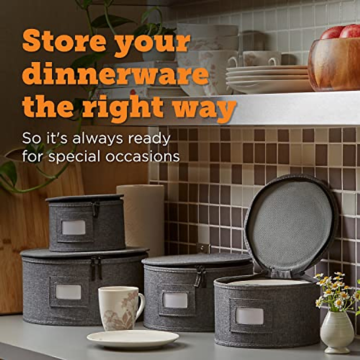 China Storage Set, Hard Shell and Stackable, for Dinnerware Storage and Transport, Protects Dishes Cups and Wine Glasses, Felt Plate Dividers Included (4 Piece Hard Shell Set for Plates)