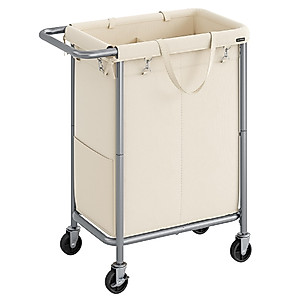 SONGMICS Laundry Basket with Wheels, 2-Section Rolling Laundry Hamper, 37 Gallons (140L), Removable Liner, Steel Frame with Handle, Blanket Storage, 27.2 x 15.4 x 31.9 Inches, Cream White URLS004W01