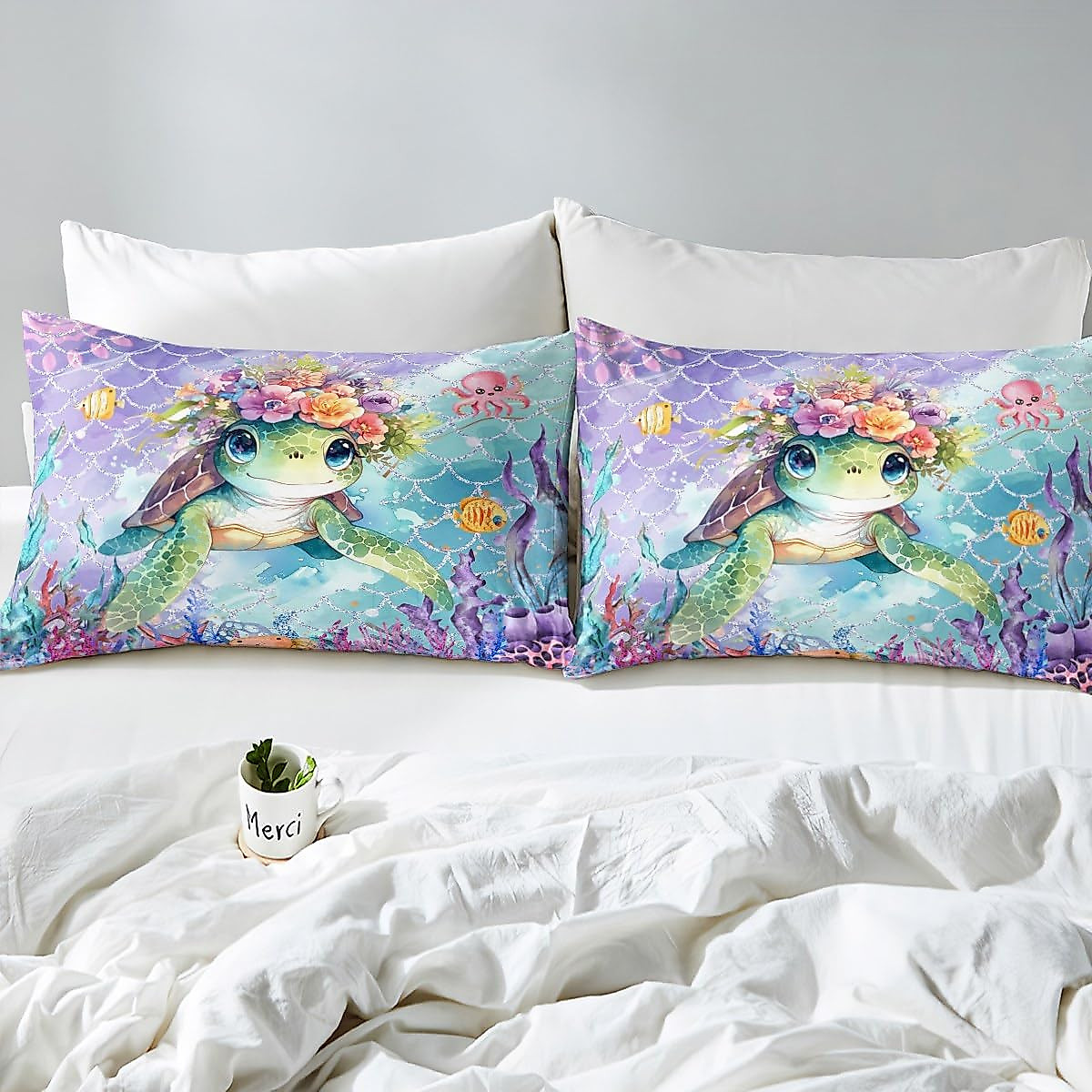 Feelyou Sea Turtle Bedding Set Full Size Animal Blue Coastal Comforter Cover Set for Boys Girls Mermaid Scales Beach Coastal Duvet Cover Breathable Ocean Summer Bedspread Cover Room Decor Quilt Cover