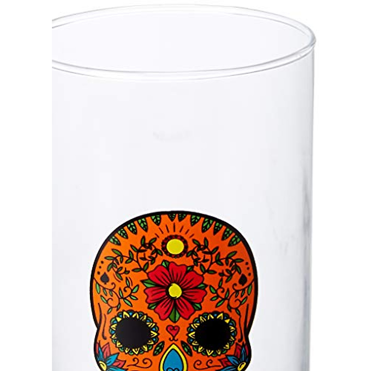 Circleware Halloween Sugar Skull Hiball Cooler, Set of 4 Heavy Drinking Glass Tumbler Cups for Water, Juice, Milk, Beer, Whiskey, Vodka, Farmhouse Decor, 14.5 oz, Black, White, Purple, Orange