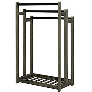 MyGift 3 Tier Matte Black Metal Bar Bath Towel Holder on Vintage Gray Solid Wood Frame Stand with Slatted Storage Shelf, Floor Standing Bathroom Drying Rack