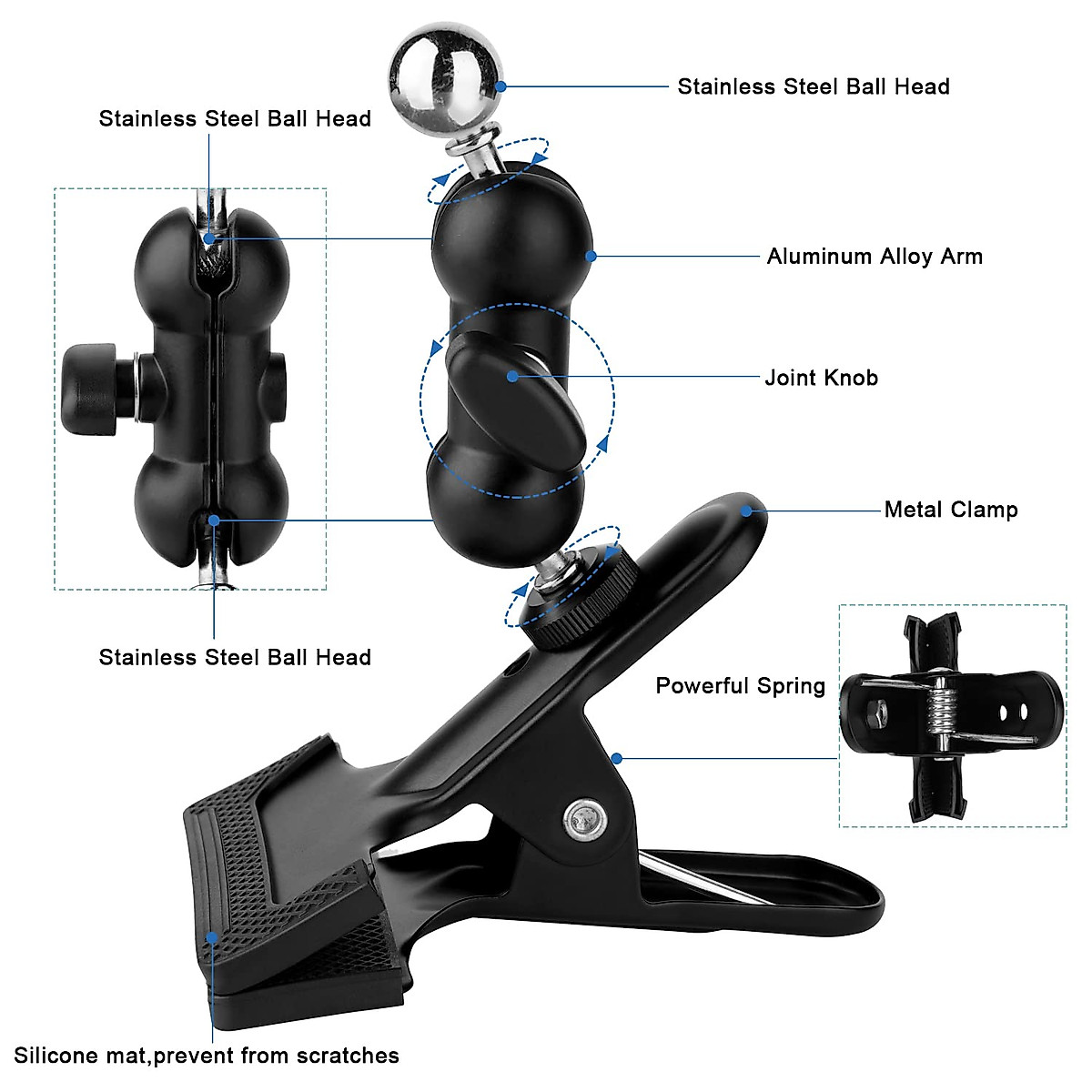 Mippko Clip Clamp Phone Holder for Desk/Table/Glass Door/Desktop Baffle/Easel,Compatible with iPhone/Nexus/HTC/LG/Huawei/Smart Phones,360°Adjustment Aluminium Alloy Arm Metal Mount