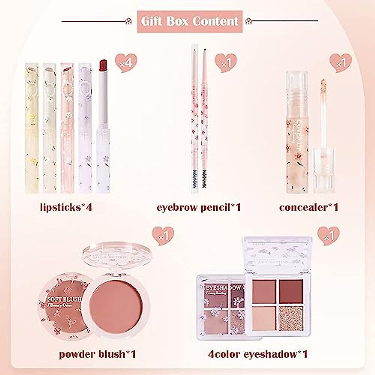 Makeup Kit for Women 8 Pieces Makeup Sets, 4 Color Lipsticks& Eyeshadow, Eyebrow Pencil, Concealer, Blush Palette 8Pcs Gift Box Makeup Bundle Value Set