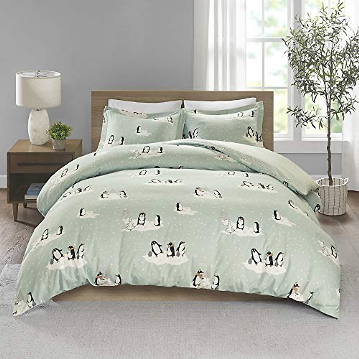 Sleep Philosophy True North Cozy Flannel Duvet Cover 100% Cotton Flannel Novel Adorable Animal Print, All Season Comforter Cover Bedding Set with Sham, King/Cal King, Aqua Penguin 3 Piece