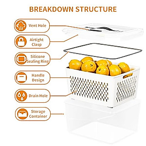 Kearning 5 Pcs Large Airtight Food Storage Containers with Lids&Handle, Fruit Storage Containers for Fridge with Removable Colanders, Leakproof Meal Prep Containers, Bento Box, Organizers and Storage