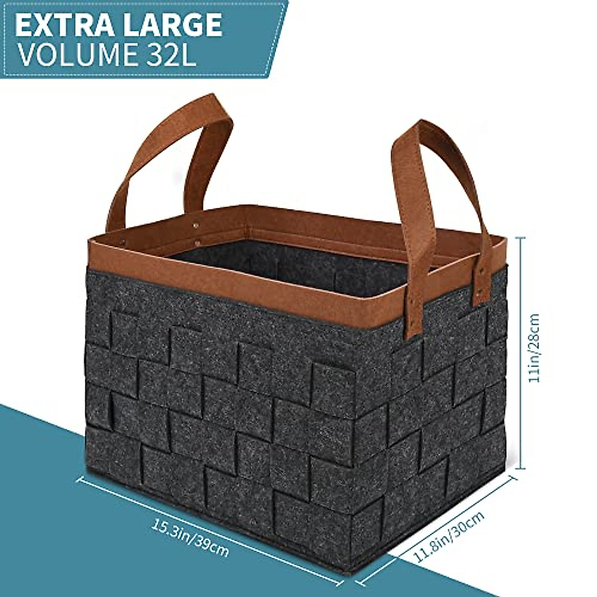DAKCOS 2 Pack 32L Collapsible Felt Storage Basket,15.3"x11.8"x11.2" Felt Woven Basket with Felt Carry Handles for Toys,Towels,Clothes,Firewood etc.