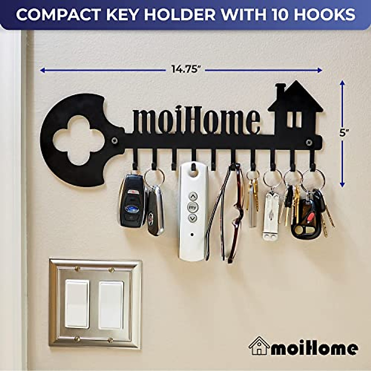 moiHome Key Organizer Wall Mount Rack - Decorative 10 Hook Iron Key Ring Holder for Wall - Ideal for Entryway, Front Door, Kitchen, Hallway - Includes Screws & Anchors – 5 x 14.75 Inches, Black