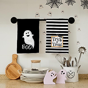 GEEORY Halloween Kitchen Dish Towels Set of 2,Trick or Treat White Ghost Stripes 18x26 Inch Drying Dishcloth,Farmhouse Home Decoration GD123