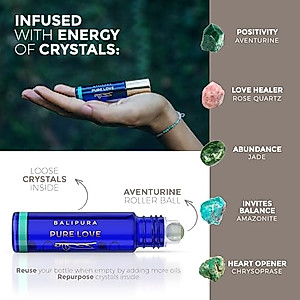 BALIPURA - Pure Love Crystal Aura Roll On - Jasmine Essential Oil with Love Rose Quartz Crystals - Essentail Oils for Body - Calming Essential Oils Roll On- Relaxation Gifts for Women - 0.34 floz