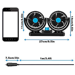 Car Fan 12V, Electric Car Cooling Fan with 360 Degree Adjustable Dual Head That Plugs into Cigarette Lighter/Quiet Noise Auto Fan for Car Truck Van SUV RV Boat Golf Vehicles