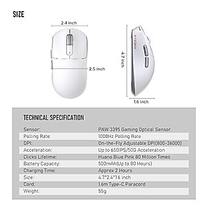 KYSONA Wireless Gaming Mouse Ultralight 55g, 3395 Lag-Free Sensor, 26K DPI, HUANO Switches, 80Hrs Long Battery Life, 6 Programmable Button for PC, 3 Modes (2.4G/Wired/BT), Win with M600, White