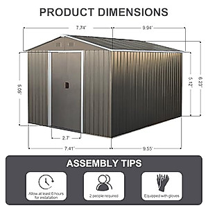 Okak Outdoor Storage Shed 8x10 FT Steel Utility Tool Storage Sheds House with Lockable Doors Waterproof Metal Garden Shed Outdoor Storage for Backyard Garden,Patio,Grey
