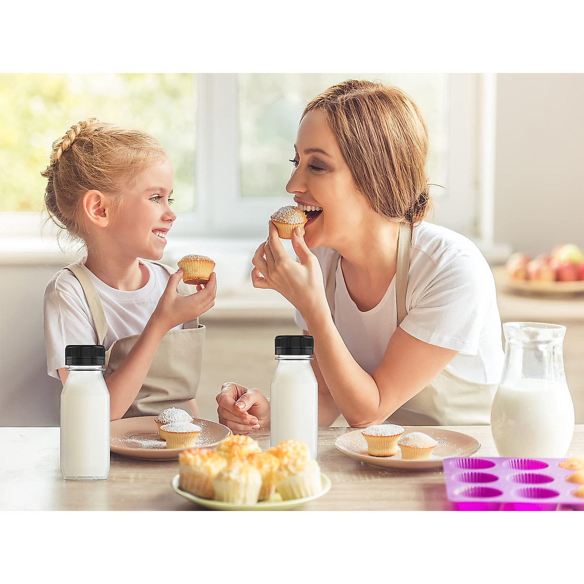 Hulless 8 Pcs 8 Ounce Plastic Juice Bottle Drink Containers Juicing Bottles with Black Lids, Suitable for Juice, Smoothies, Milk and Homemade Beverages