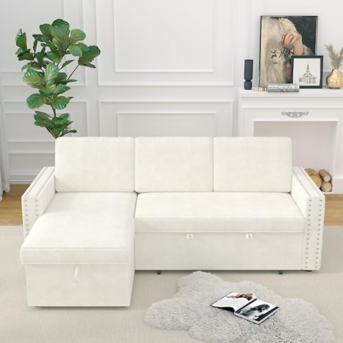 FANYE 85" W L-Shaped Reversible Sleeper Sectional Sofa Chenille Button Tufted Upholstered Corner Convertible Sofabed W/Pull Out Couch Bed and Storage Chaise, Nailhead Decor for Living Room