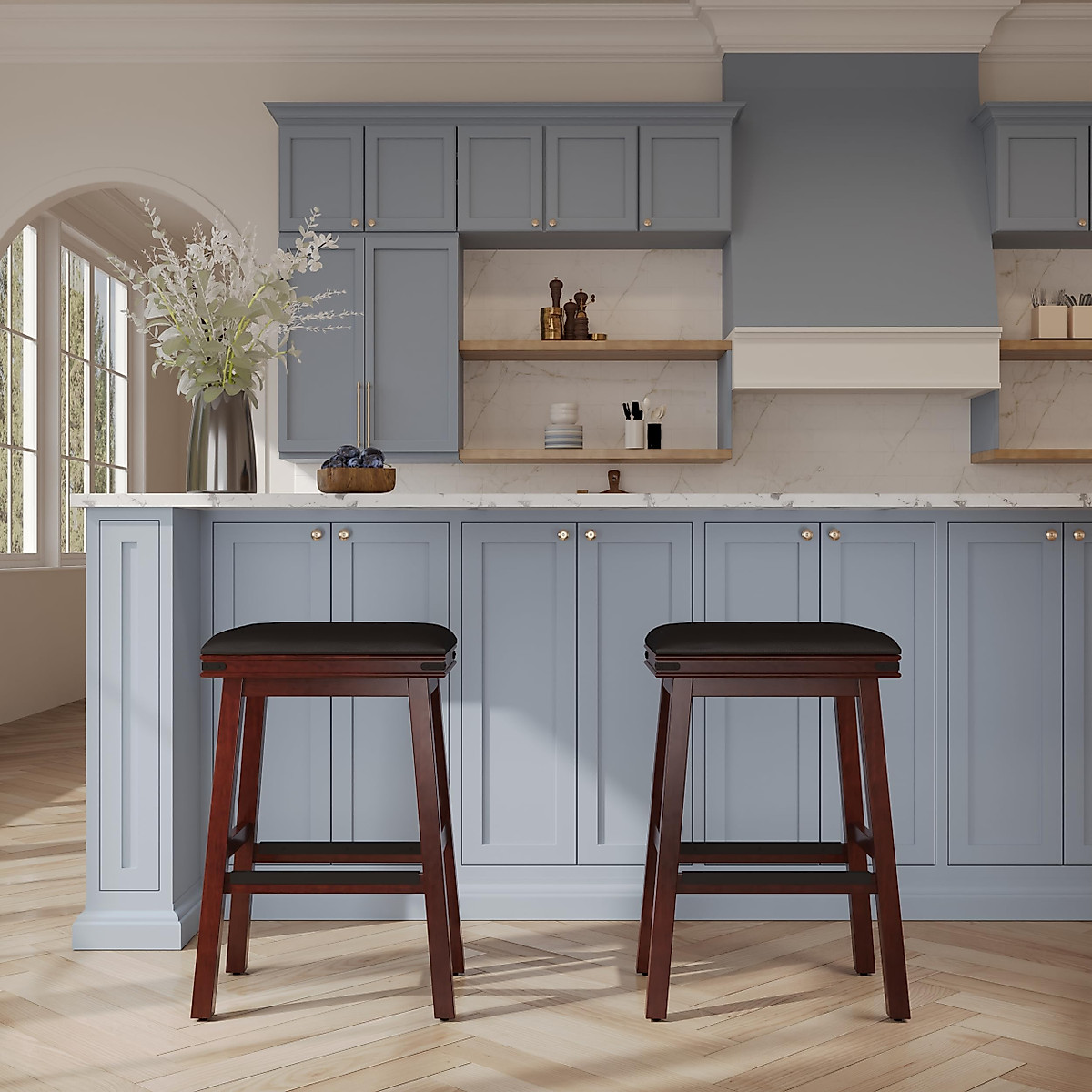 DTY Indoor Living Cortez Bonded Leather Stool, Espresso Finish, 30" Bar Height, Black Leather Seat