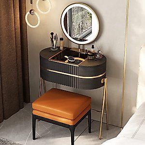 Lartis Makeup Vanity Table with Light, Black Dressing Table with Makeup Stool and Adjustable LED Mirror,Storage Dressing Small Vanity Desk with drawers, Smoky Black Vanity Table Set