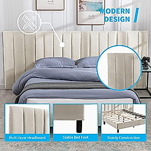 Mjkone Velvet Upholstered Platform Bed Frame, Bed Frame with Oversized Wingback Headboard, Wood Strips Support/No Box Spring Needed/Easy Assembly (Beige,California King)