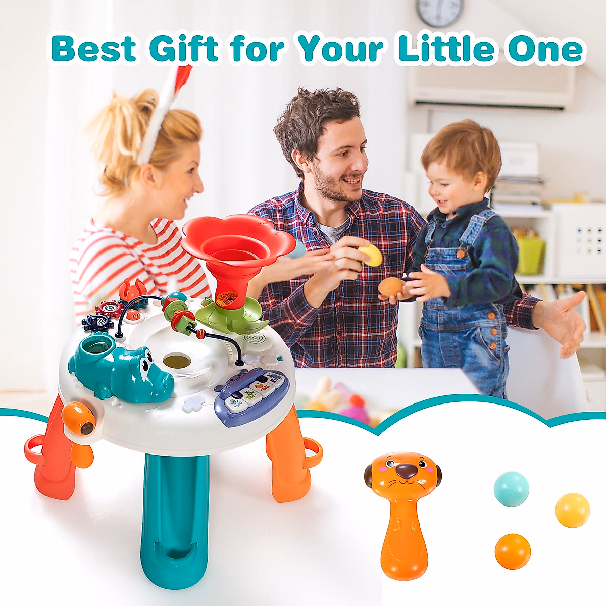 HONEY JOY Activity Table for Toddlers 1-3, Music Learning Table w/Fun Piano, Music&Lights, 3 Ball Games, Kids Discover Explore Activity Center, Baby Early Development Activity Toy for Boys Girls