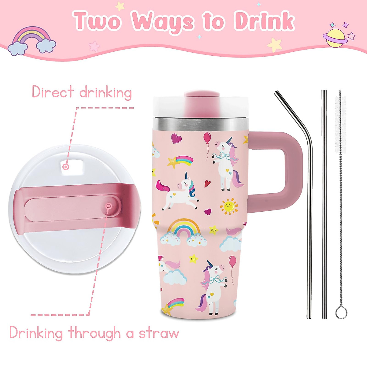 14 oz Unicorn Tumbler with Handle and Straw for Kids, Insulated Stainless Steel Travel Mug for Toddlers, Vacuum Leak Proof Tumbler with Lid, Christmas Birthday Gifts for Girls Unicorn Mug