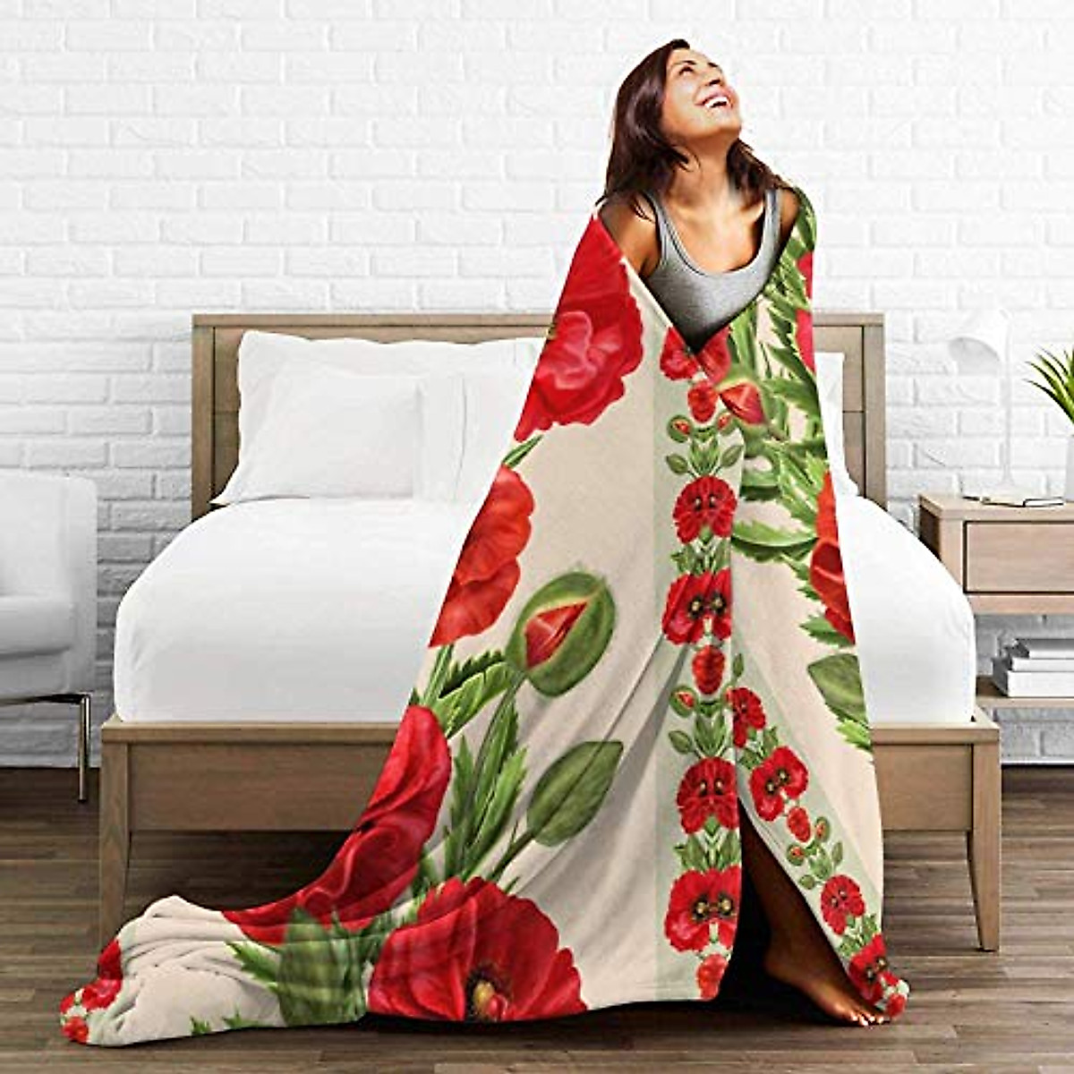 Red Flower Soft Throw Blanket All Season Microplush Warm Blankets Lightweight Tufted Fuzzy Flannel Fleece Throws Blanket for Bed Sofa Couch 50"x40"