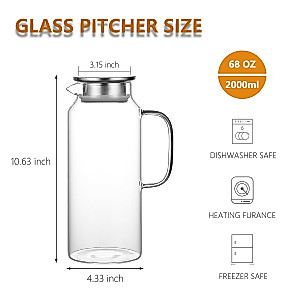 Glass Pitcher with Lid 2 Liter / 68 OZ Water Pitcher with Lid and Handle, Borosilicate Glass Carafe for Hot/Cold Water, Iced Coffee, Juice, Tea, Milk and Homemade Beverage