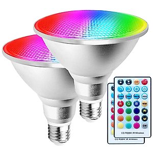 2 PACK PAR38 LED Flood Light Bulbs Outdoor, RGB Color Changing Floodlight With Remote, 20W RGB 10W White, Timing, Waterproof, 2700-6500K, 1800Lm, Bulb for Indoor Halloween Christmas Party Decoration