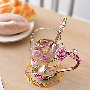 SUQ I OME Enamel Rose and Butterfly Flower Glass Tea Cup Glass Birthday Gifts For Women Mother Teacher Classmate Sister Wife with Spoon Beautiful Rose Flower Butterfly Christmas Valentines Wedding Day