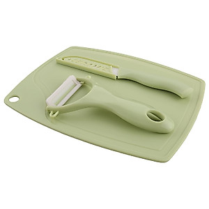 Auniwaig 3-Piece Green Kitchen Utensils, 6.30"x0.79" Ceramic Knife, 4.92"x3.15" Peeler, 7.48"x2.36" Cutting Board for Cutting Fruits Vegetables and Boneless Meat Small Set for Outdoor Camping