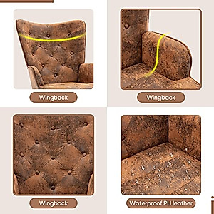 Brown Leather Accent Chairs Set of 2 for Living Room- Mid-Century Modern Comfy Reading Chair for Bedroom Adults Armchairs Sillones para Sala Sofa Tall Wingback Arm Chairs Microfiber Cushioned