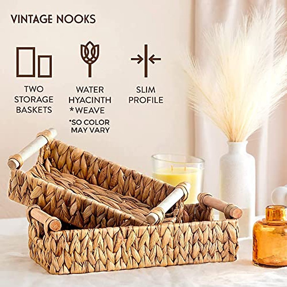 Toilet Paper Basket for Back of Toilet - Set of Two Small, Wicker, Hyacinth Bathroom Baskets for Toilet Paper and Towel Storage (Color: Light Brown)