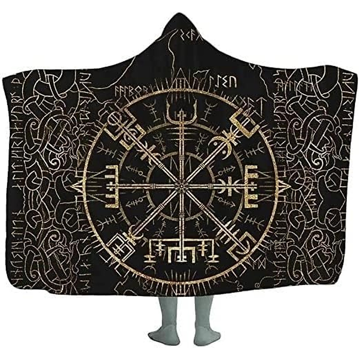 Viking 3D Printing Hooded Blanket Keeps Warm And Soft Vegvisir Fenrir Wolf Totem Unisex Winter Wearable Hooded Blanket Double Thick Plush Wool Blanket ( Color : Blanket , Size : 50x60in/130x150cm )
