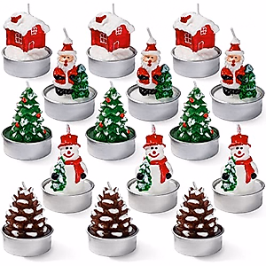 THE TWIDDLERS 15 Mini Christmas Unscented Tea Light Candles in 5 Assorted Designs (Xmas Tree, Santa, Snowman, Pinecone, Festive Home) 2.5 Hours Ideal for Home Decor, Dinner Tablle, Parties