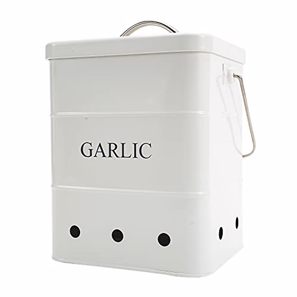 Garlic Container with Lid and handle, Sealed Food Storage Bin for Kitchen, Vegetable Fresh Keeper with Aerating Tin Storage Holes (White)