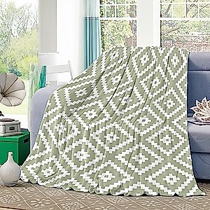 Throw Blanket- Abstract Geometric Soft Warm Plush Fleece Bed Throw,50x60In Flannel Blankets Saga Green White Diamond Squares Bedding Throws for Women/Men Bedroom Living Room Office Decor Minimalist