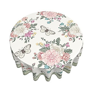 Round Tablecloth 60 Inch, Spring Floral Butterfly Green White Table Cloth for Rustic Farmhouse Kitchen Decor, Waterproof Wipeable Polyester Fabric Table Cover for Holiday Party Outdoor Camping Picnic